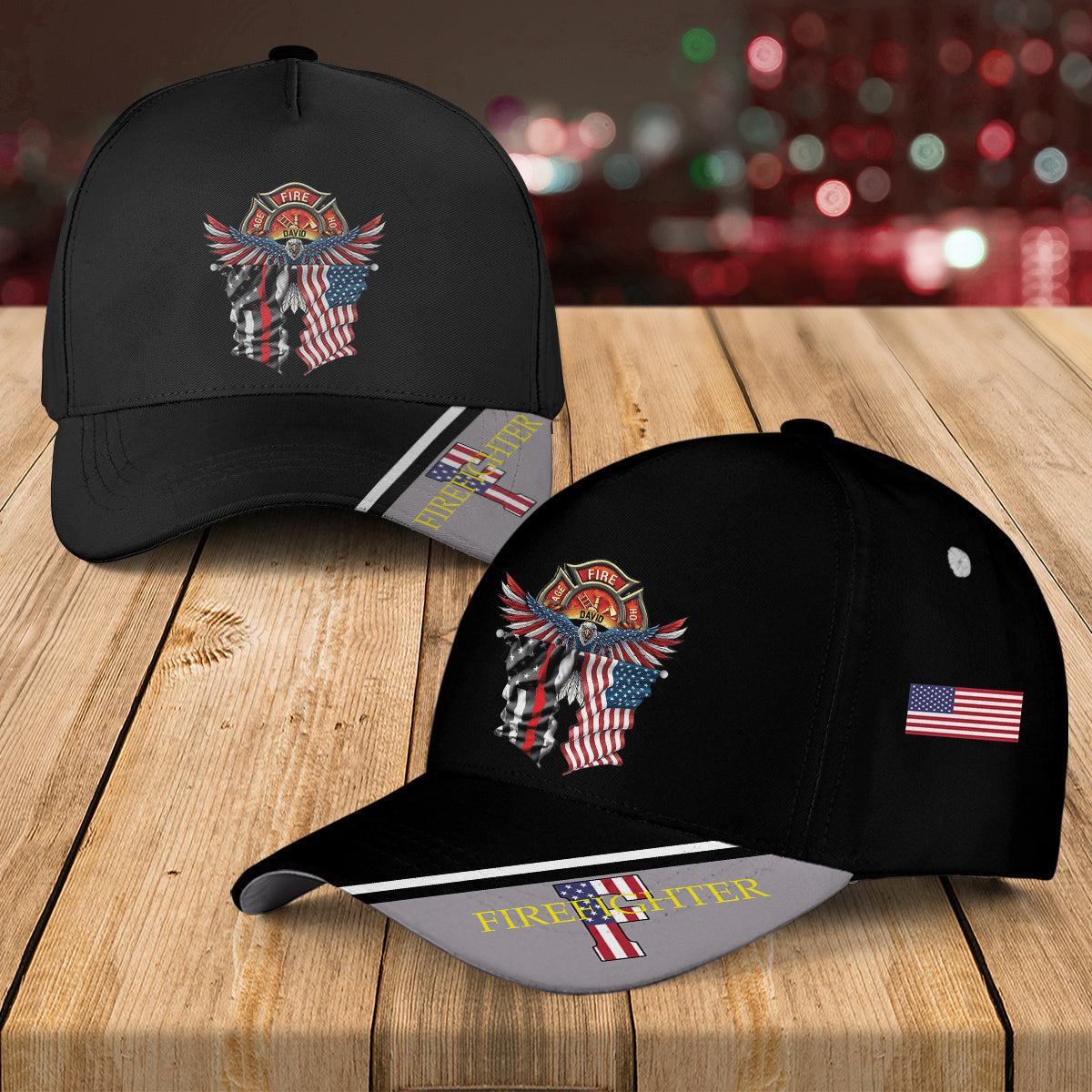 Custom Name Eagle Red Thin & American Flag Firefighter Baseball Cap ...