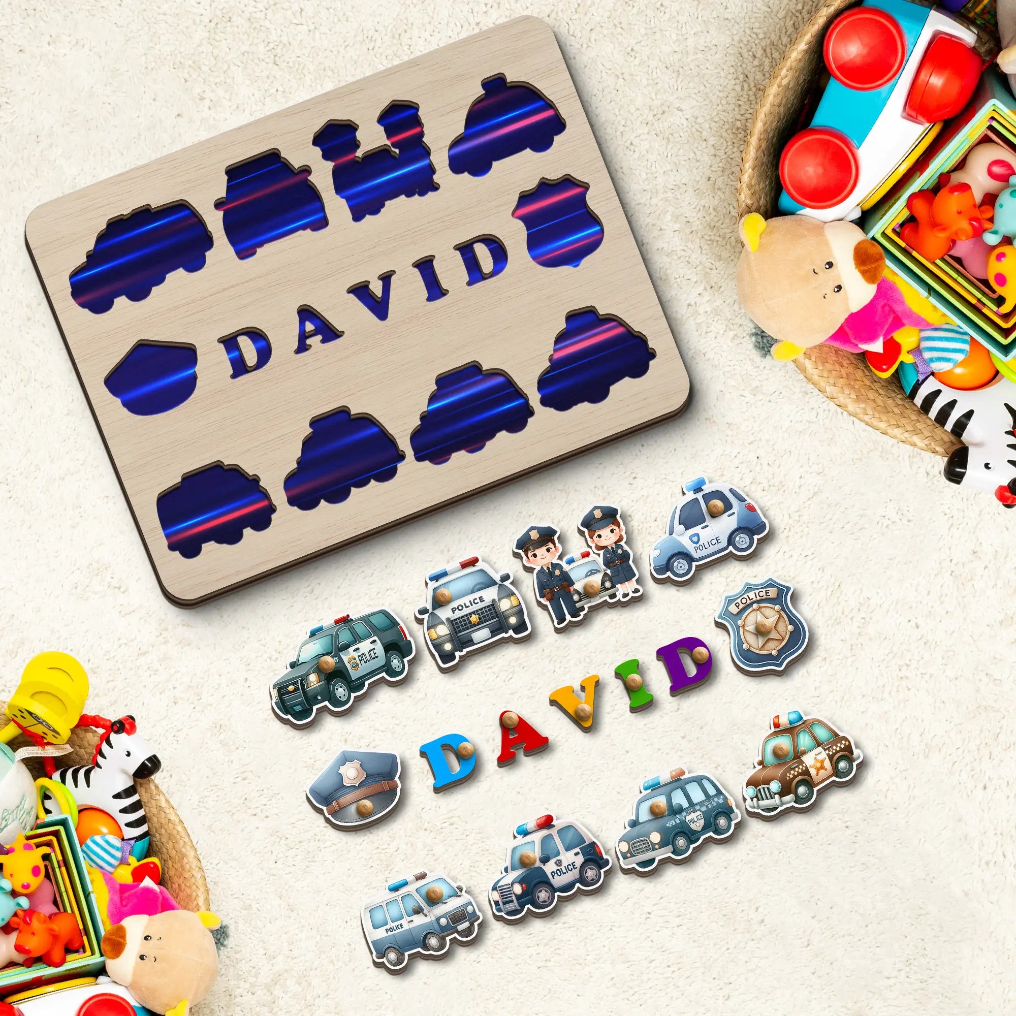 Custom Name Police Cars, Police Vehicle and Officer Wooden Puzzle Boar ...