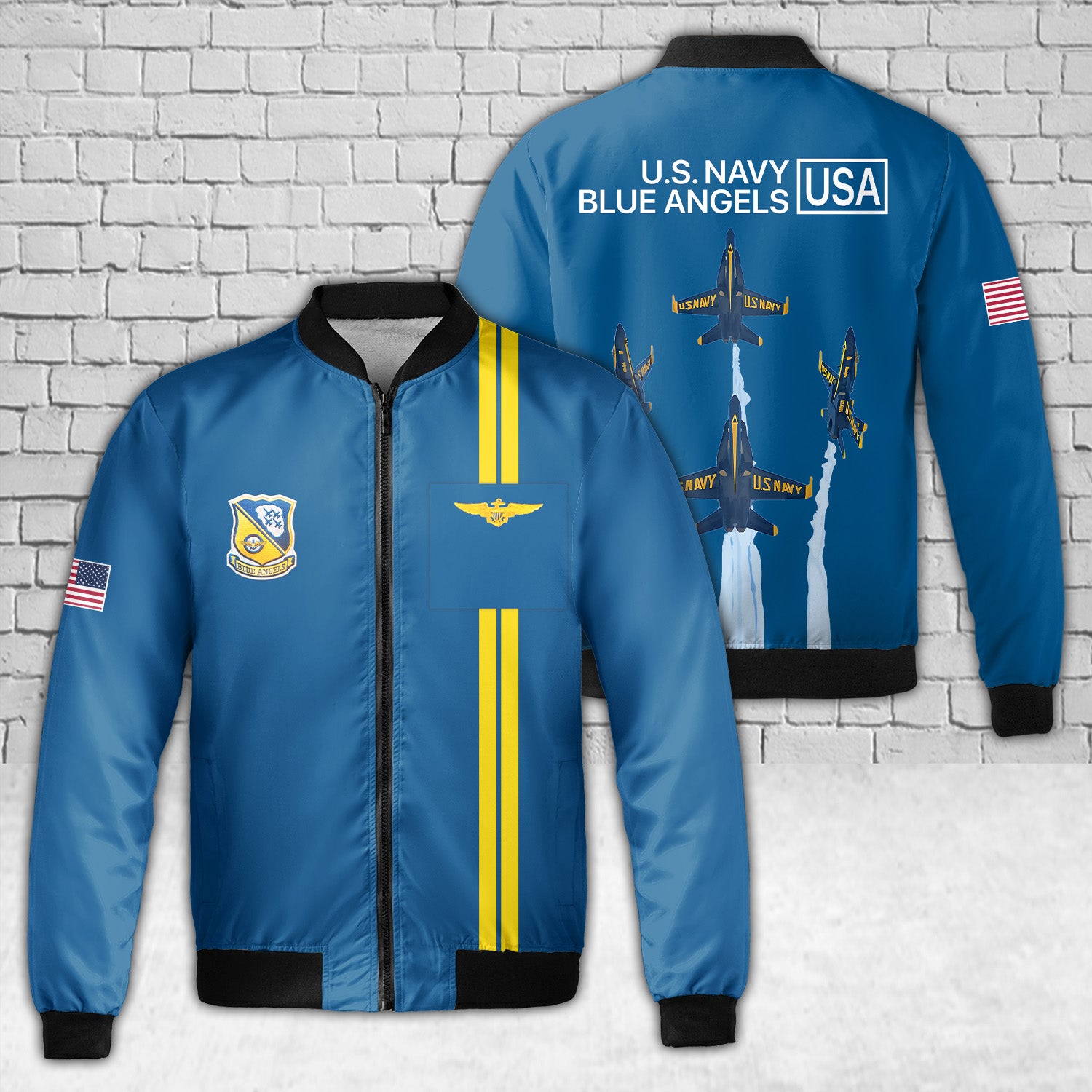 Custom Name US Navy Blue Angels AOP Fleece Bomber Jacket – Merch Gears
