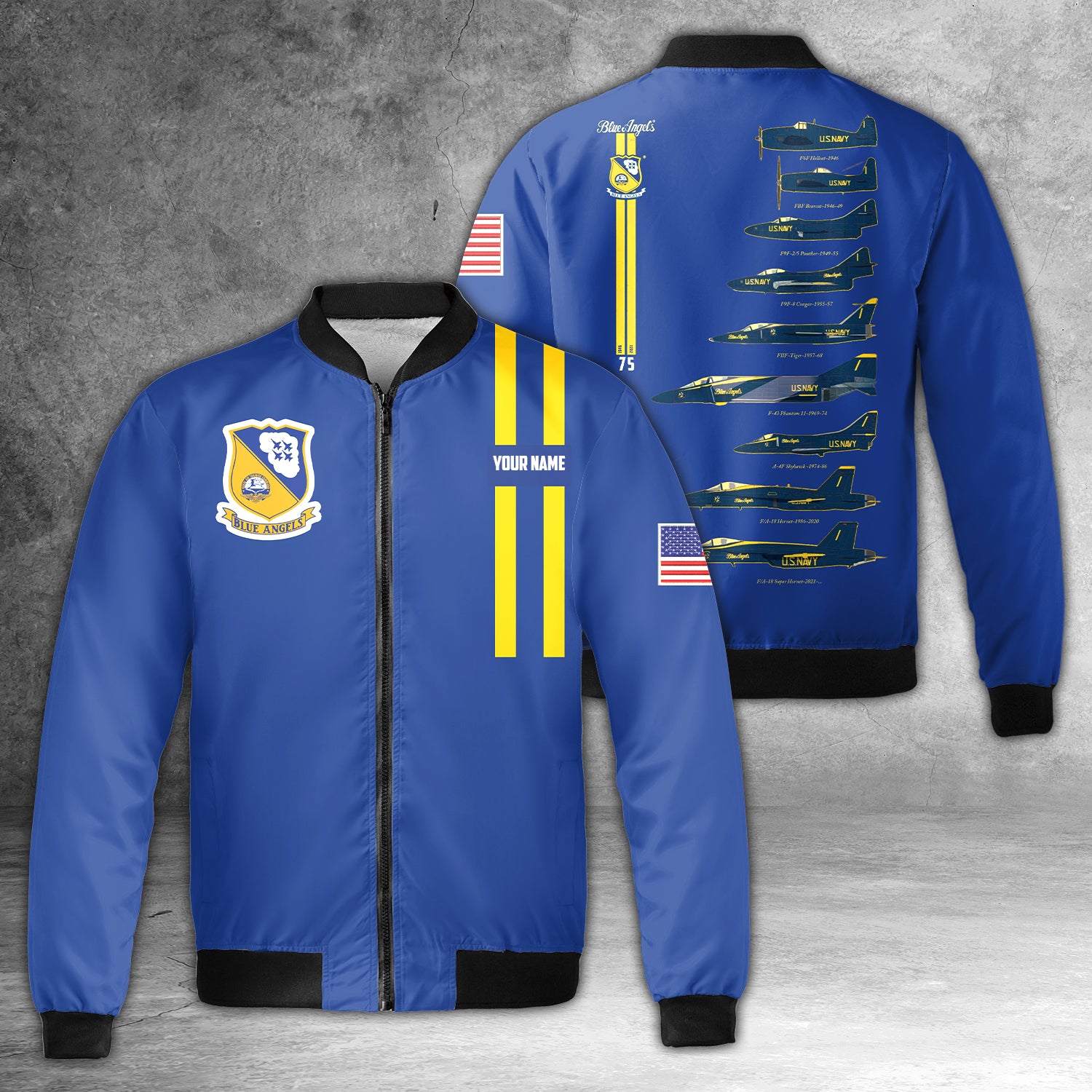 Custom Name US Navy Blue Angels Chronology 75th AOP Fleece Bomber Jack ...